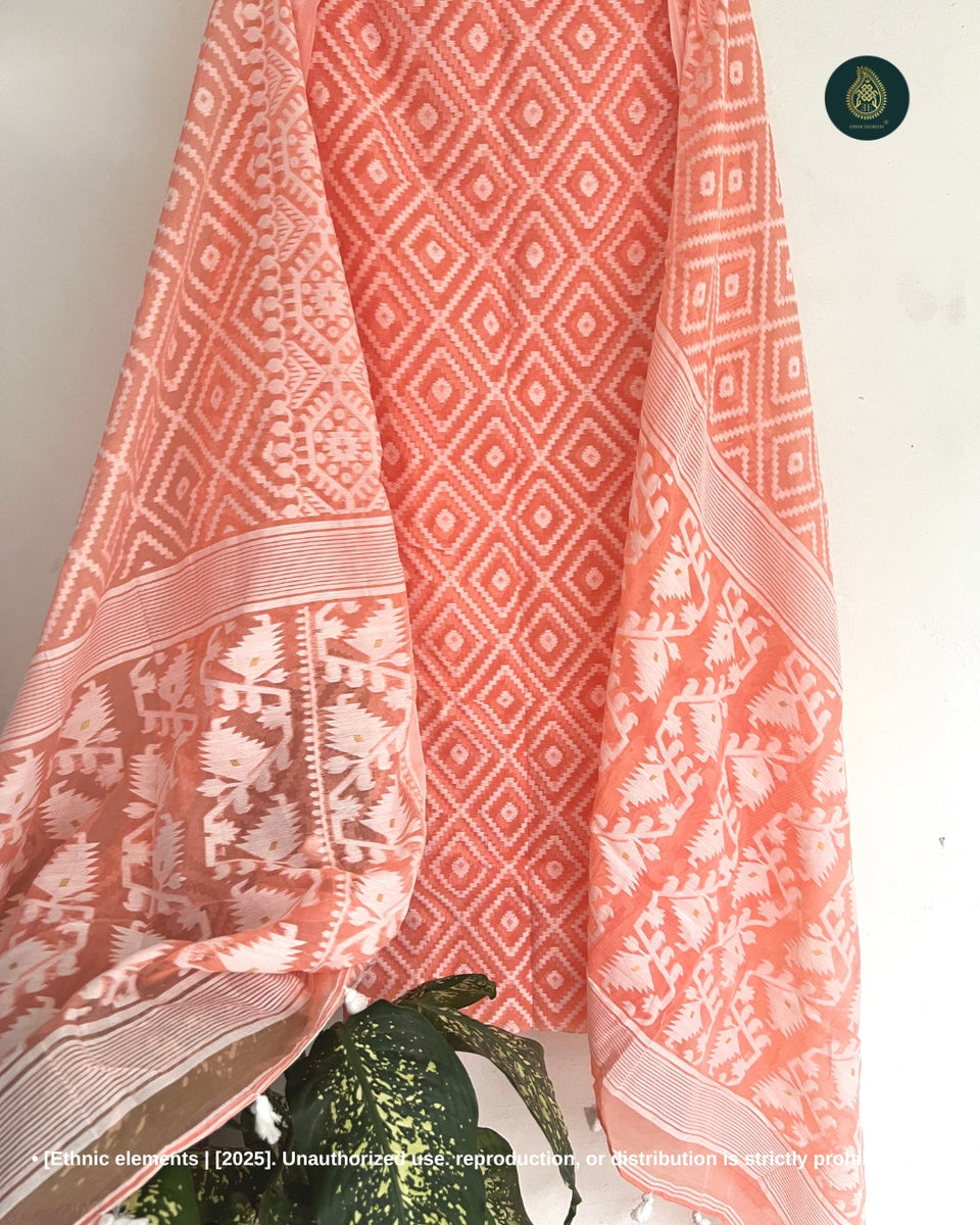 Jamdani Cotton Suit Set - Apricot Bliss – EthnicElement