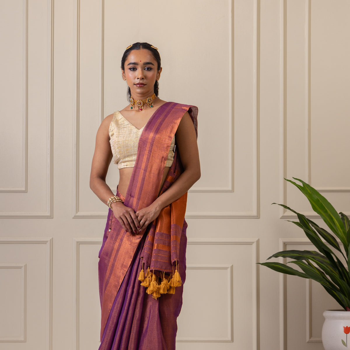 Handwoven Tissue Linen Saree with Blouse - Amaranthus Purple ...