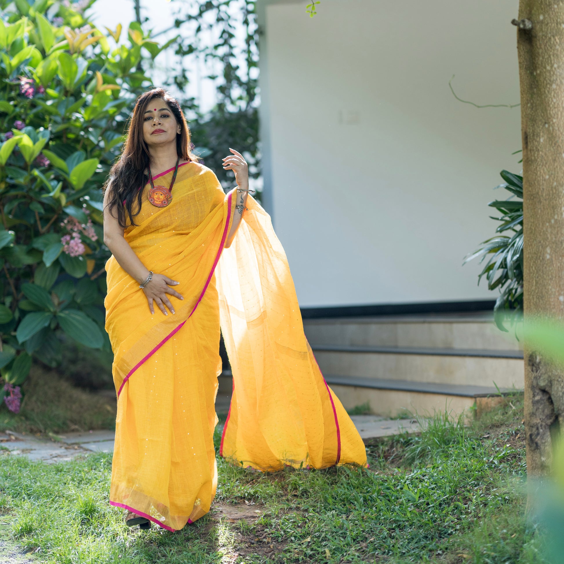 Premium Woven Linen Saree - Haldi Yellow – EthnicElement